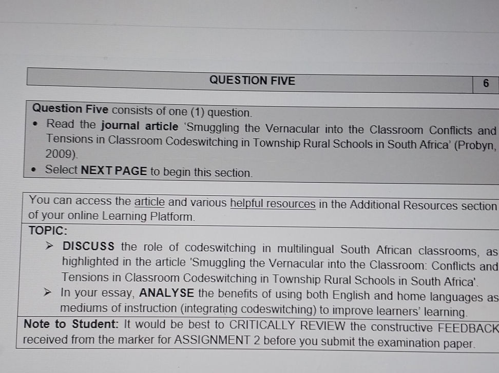 Question Five consists of one (1) question. | StudyX