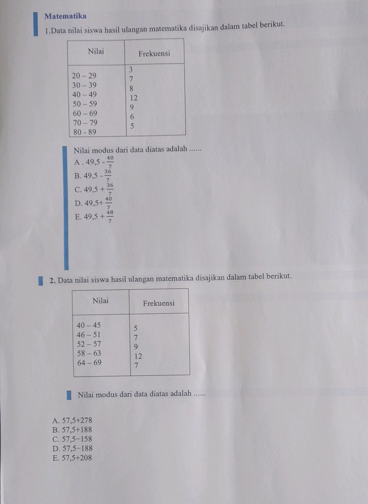 1. Data nilai siswa hasil ulangan matematika | StudyX
