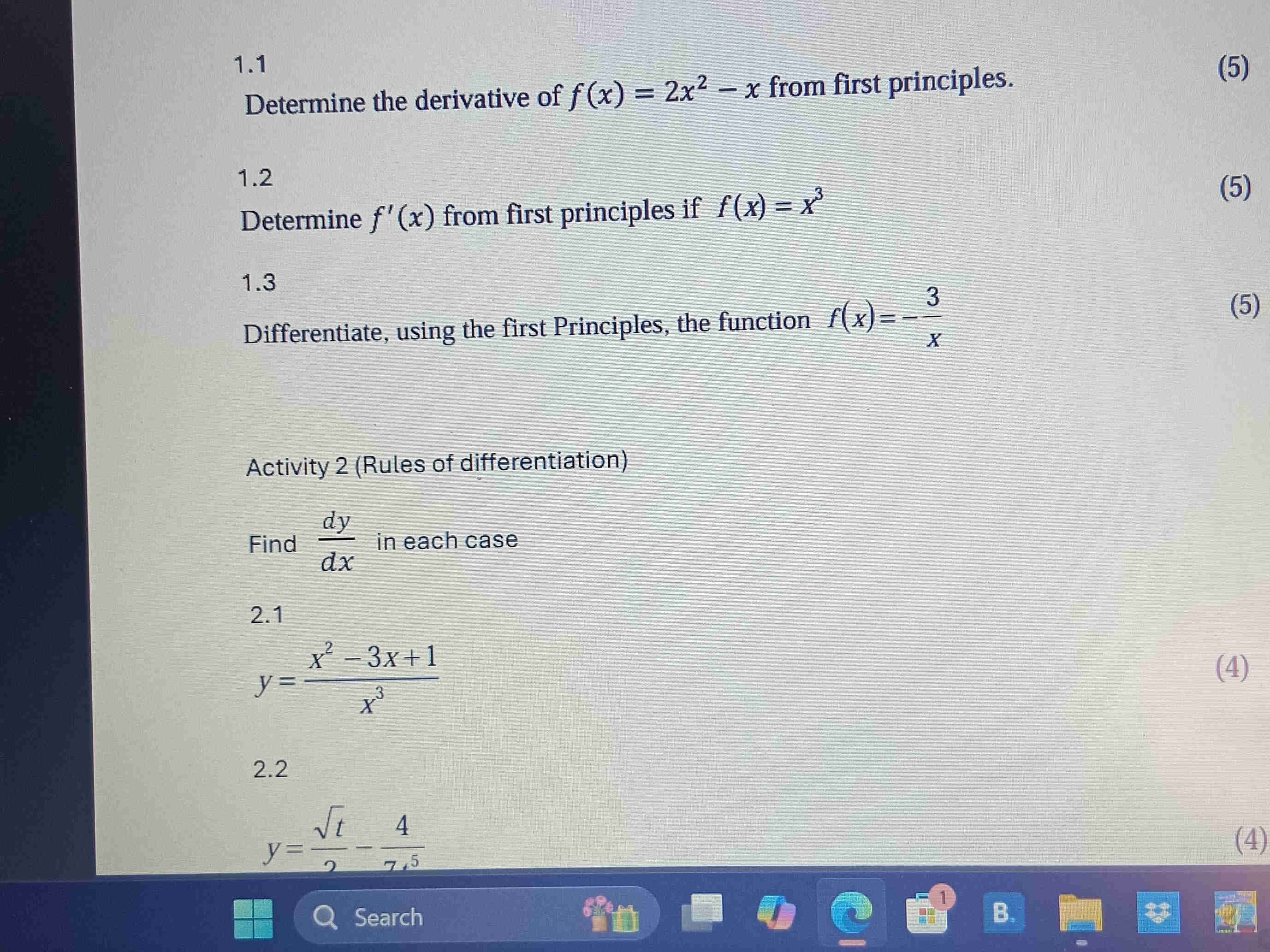1.1 Determine the derivative of $f(x) = 2x^2 | StudyX