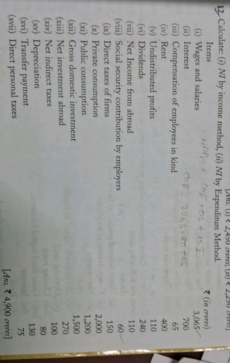 12. Calculate: (i) NI by income method, (ii) | StudyX