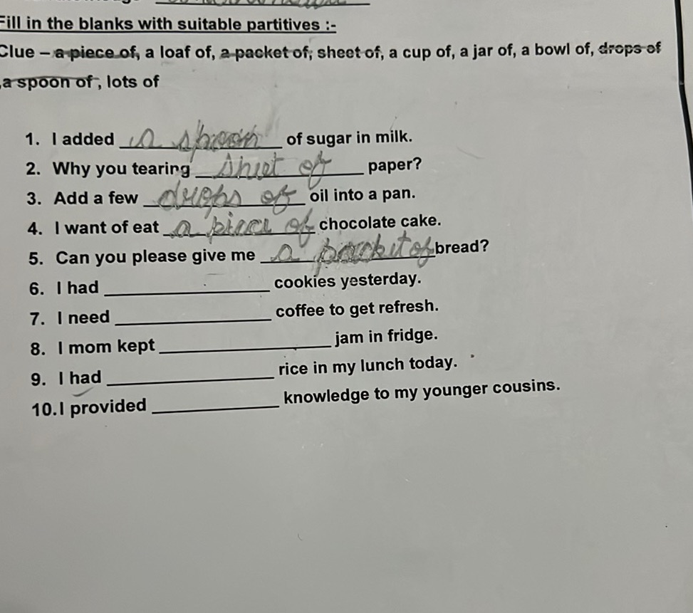 Fill in the blanks with suitable partitives | StudyX