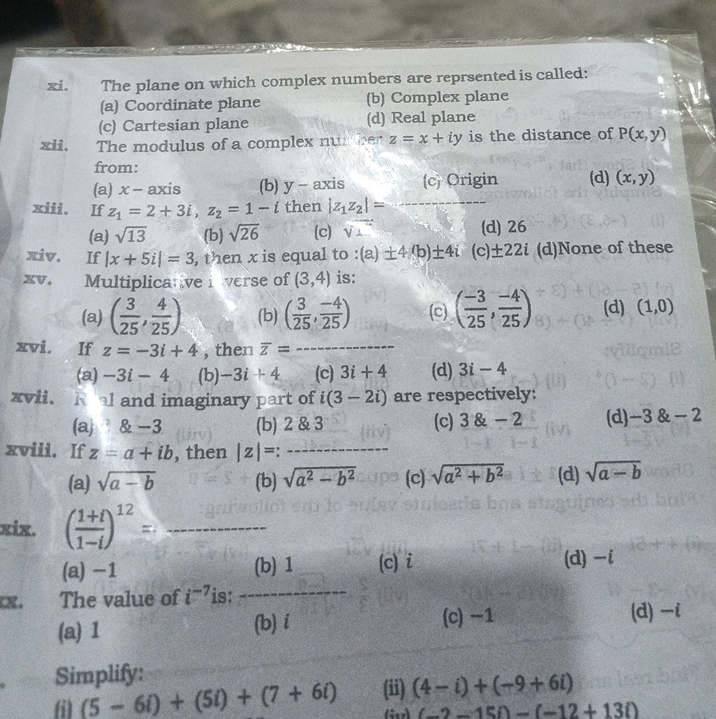 xi. The plane on which complex numbers are | StudyX