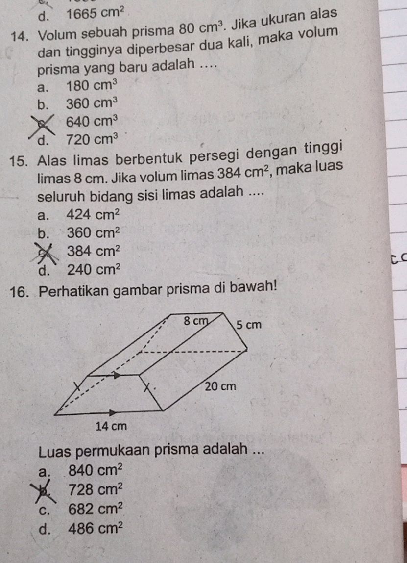 14. Volum sebuah prisma 80 cm³. Jika ukuran | StudyX