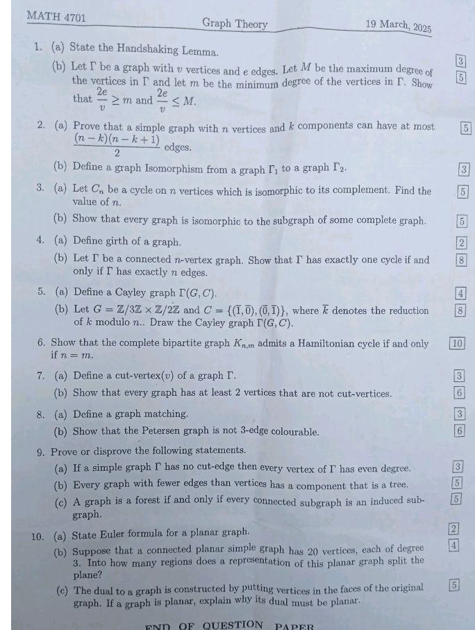 1. (a) State the Handshaking Lemma. (b) Let | StudyX