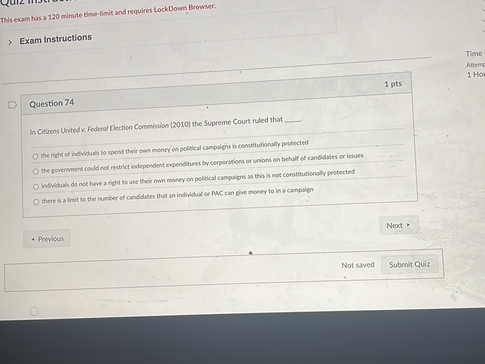 Question 74 In Citizens United v. Federal | StudyX
