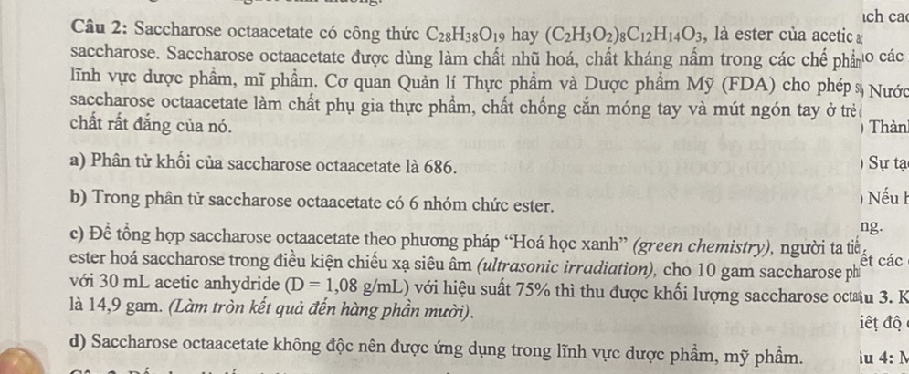 Câu 2: Saccharose octaacetate có công thức | StudyX