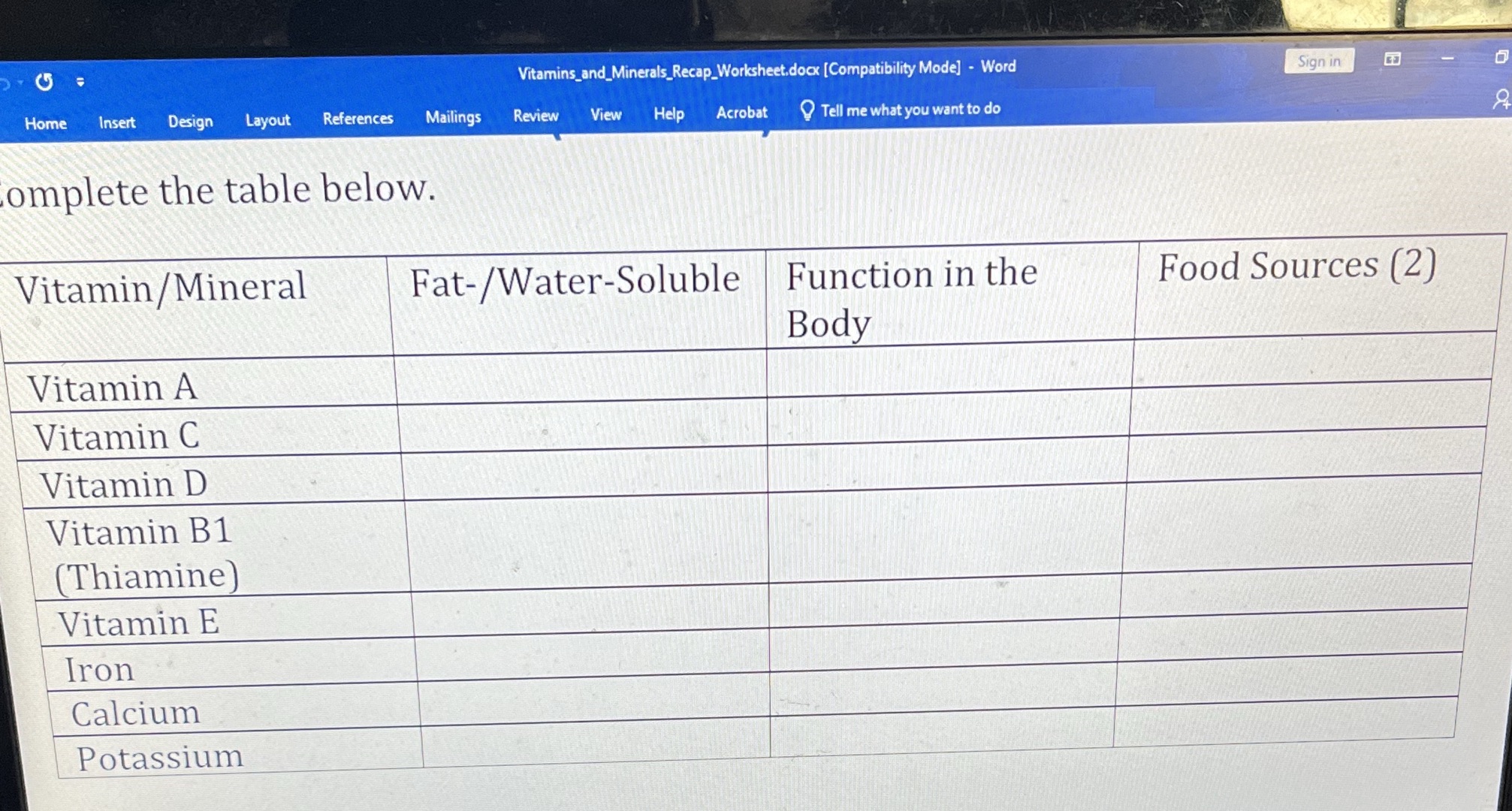 Complete the table below. | Vitamin/Mineral | StudyX