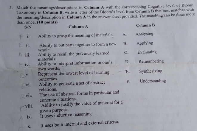 5. Match the meanings/descriptions in Column | StudyX