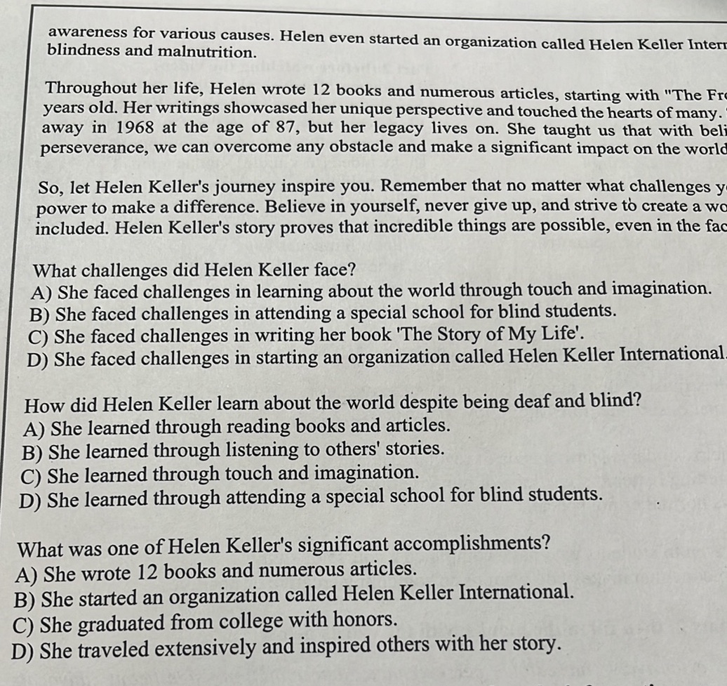 What challenges did Helen Keller face? A) | StudyX