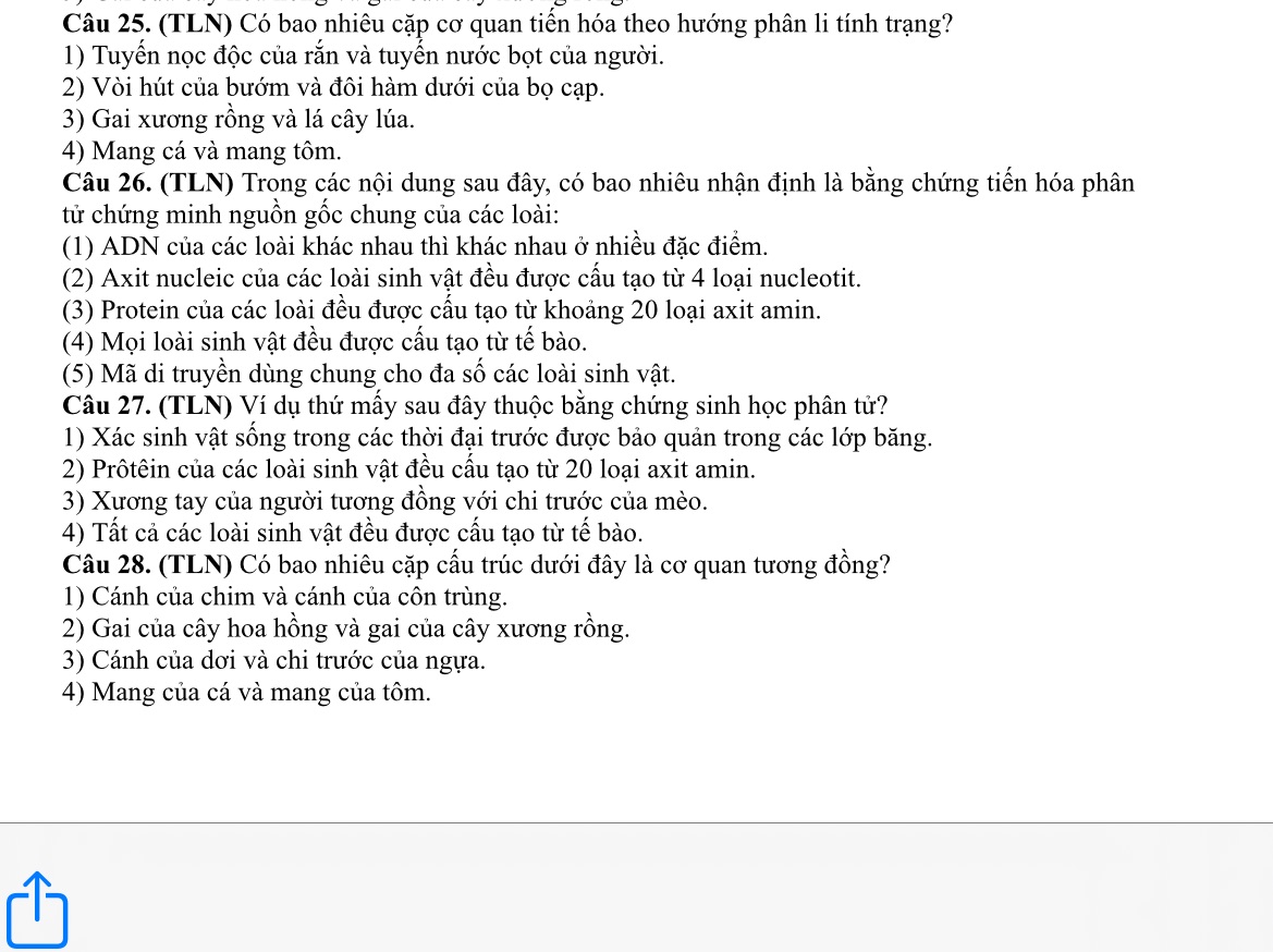 Câu 25. (TLN) Có bao nhiêu cặp cơ quan tiến | StudyX