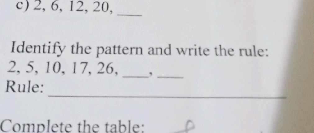 c) 2, 6, 12, 20, Identify the pattern and | StudyX