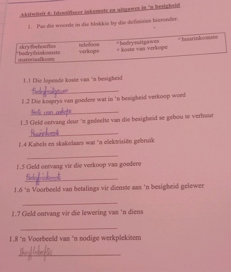 Aktiwiteit 4: Identifiseer inkomste en | StudyX