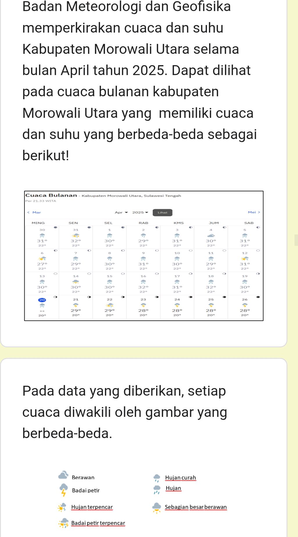 16. Berdasarkan data yang diberikan, cuaca | StudyX