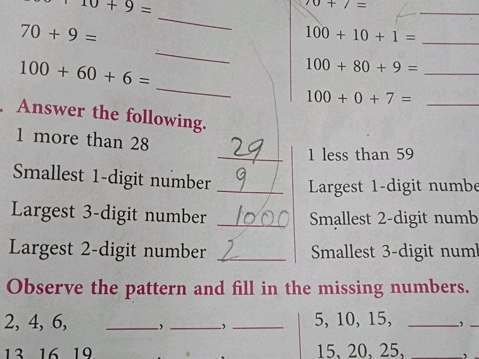 70 + 9 = _____ 100 + 10 + 1 = _____ 100 + 80 | StudyX