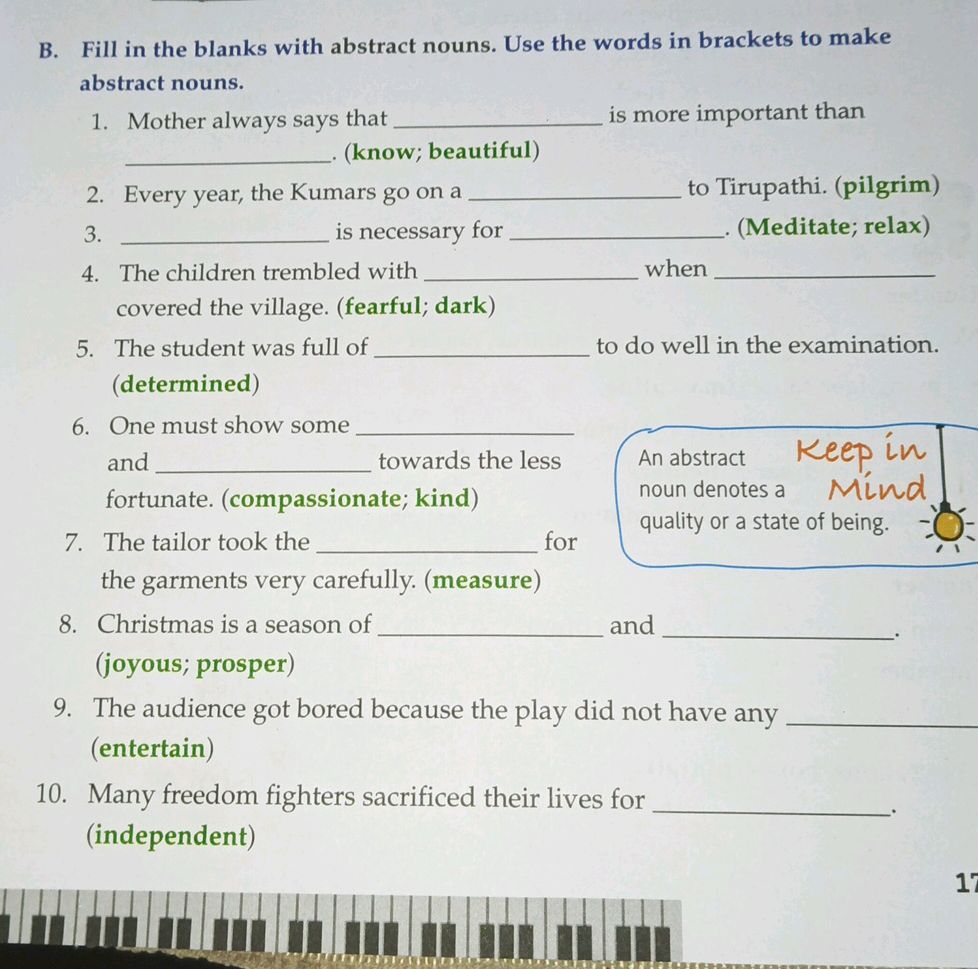 B. Fill in the blanks with abstract nouns. | StudyX