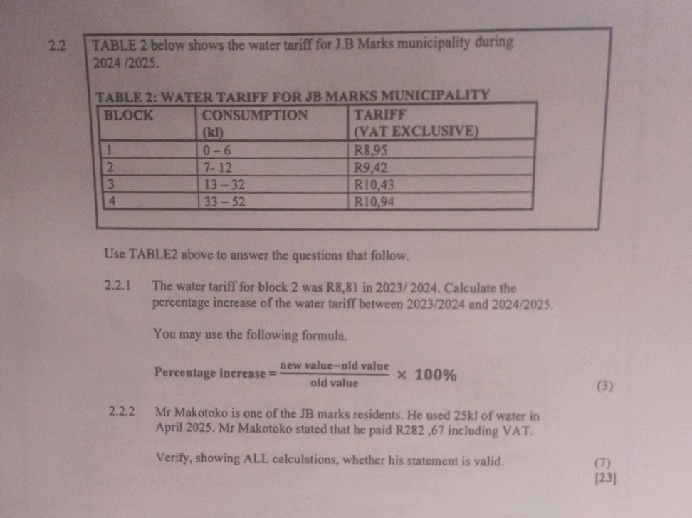 TABLE 2 below shows the water tariff for J.B | StudyX