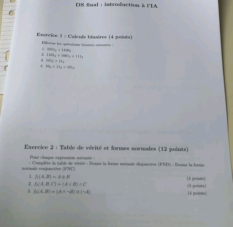 Exercice 1 : Calculs binaires (4 points) | StudyX