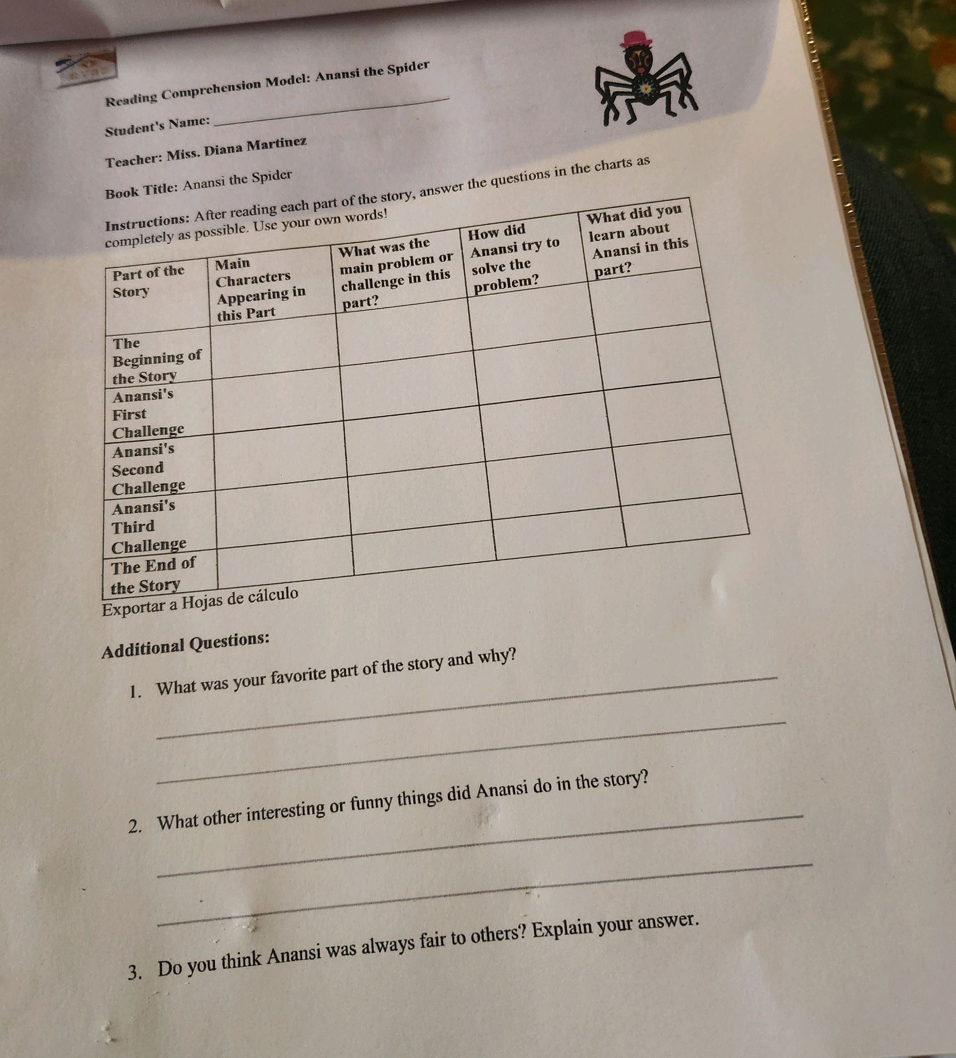 Reading Comprehension Model: Anansi the | StudyX
