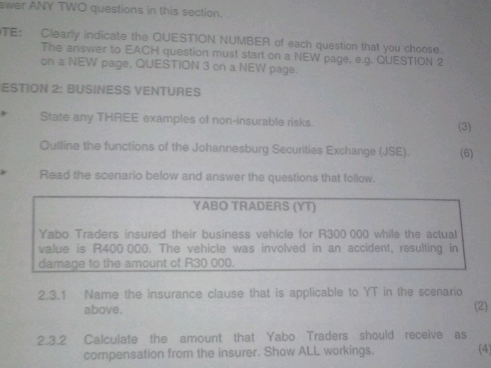 State any THREE examples of non-insurable | StudyX