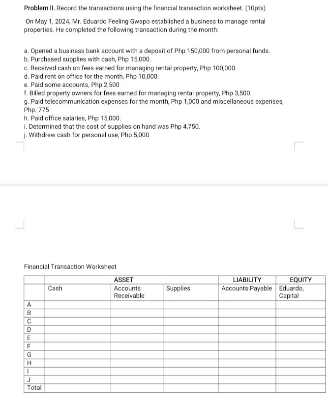 Problem II. Record the transactions using | StudyX