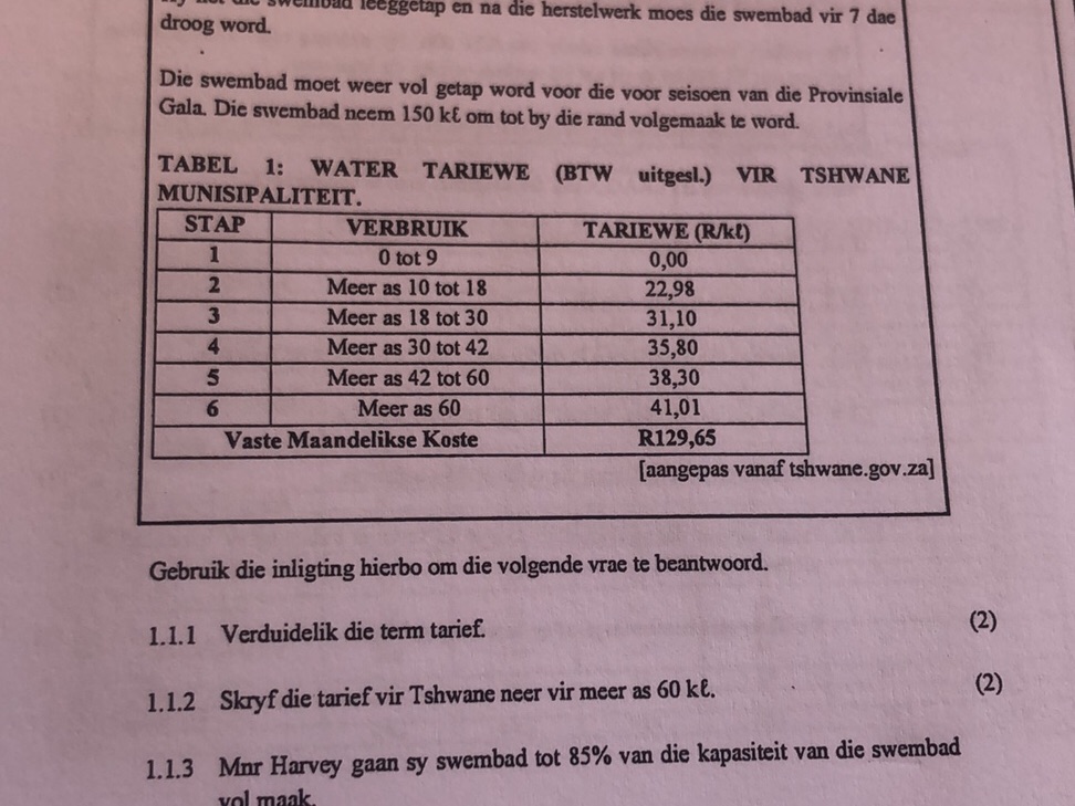 TABEL 1: WATER TARIEWE (BTW uitgesl.) VIR | StudyX