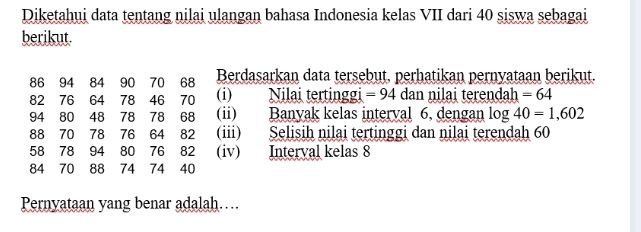 Diketahui data tentang nilai ulangan bahasa | StudyX