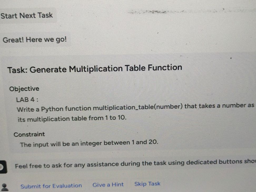 Task: Generate Multiplication Table Function | StudyX