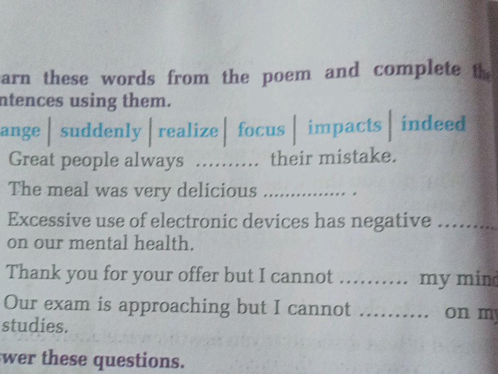 Learn these words from the poem and complete | StudyX