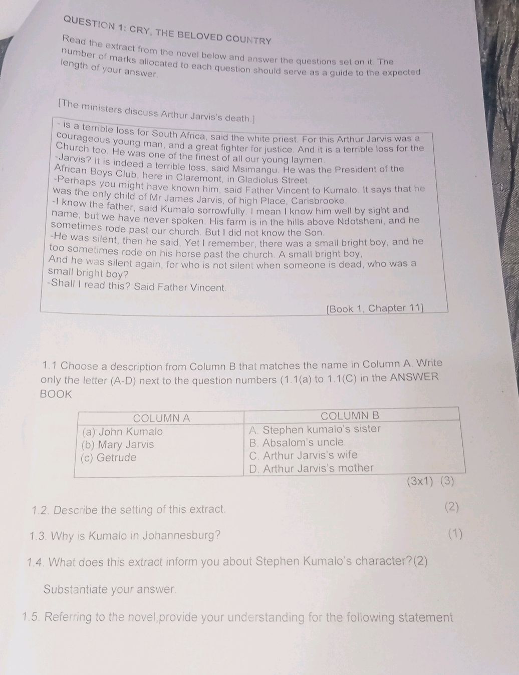 QUESTION 1: CRY, THE BELOVED COUNTRY Read | StudyX