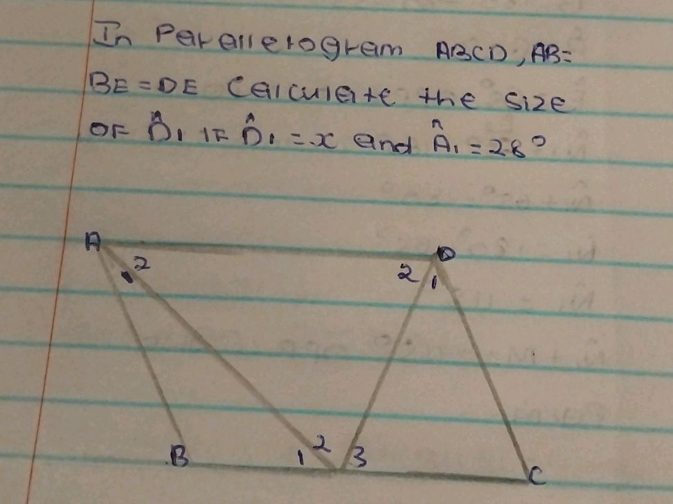 In Parallelogram ABCD, AB= BE=DE Calculate | StudyX
