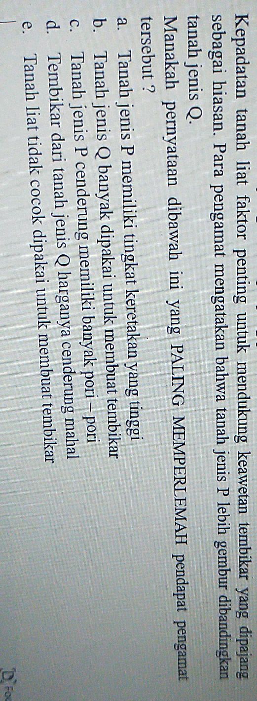Kepadatan tanah liat faktor penting untuk | StudyX