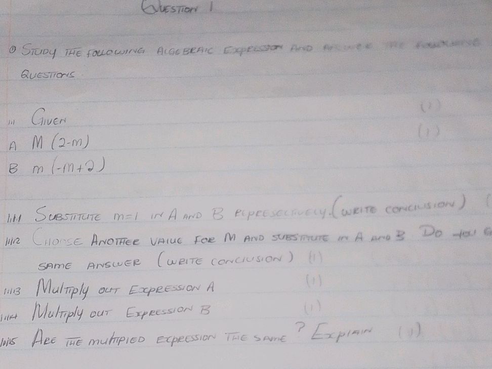 QUESTION 1 • STUDY THE FOLLOWING ALGEBRAIC | StudyX