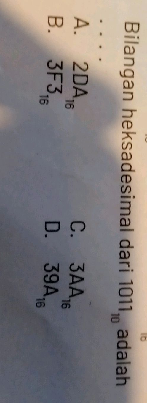 Bilangan heksadesimal dari $1011_{10}$ | StudyX