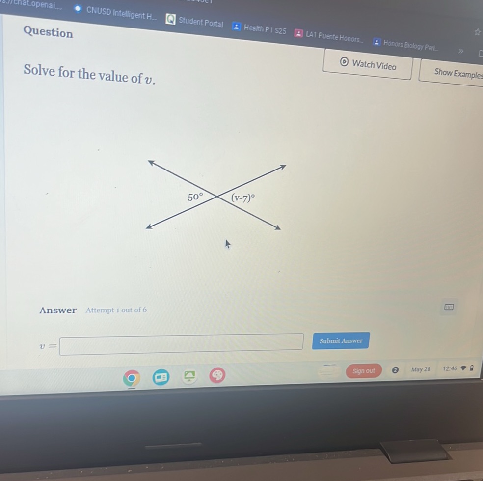 Solve for the value of $v$. $ {c} 50^ | StudyX
