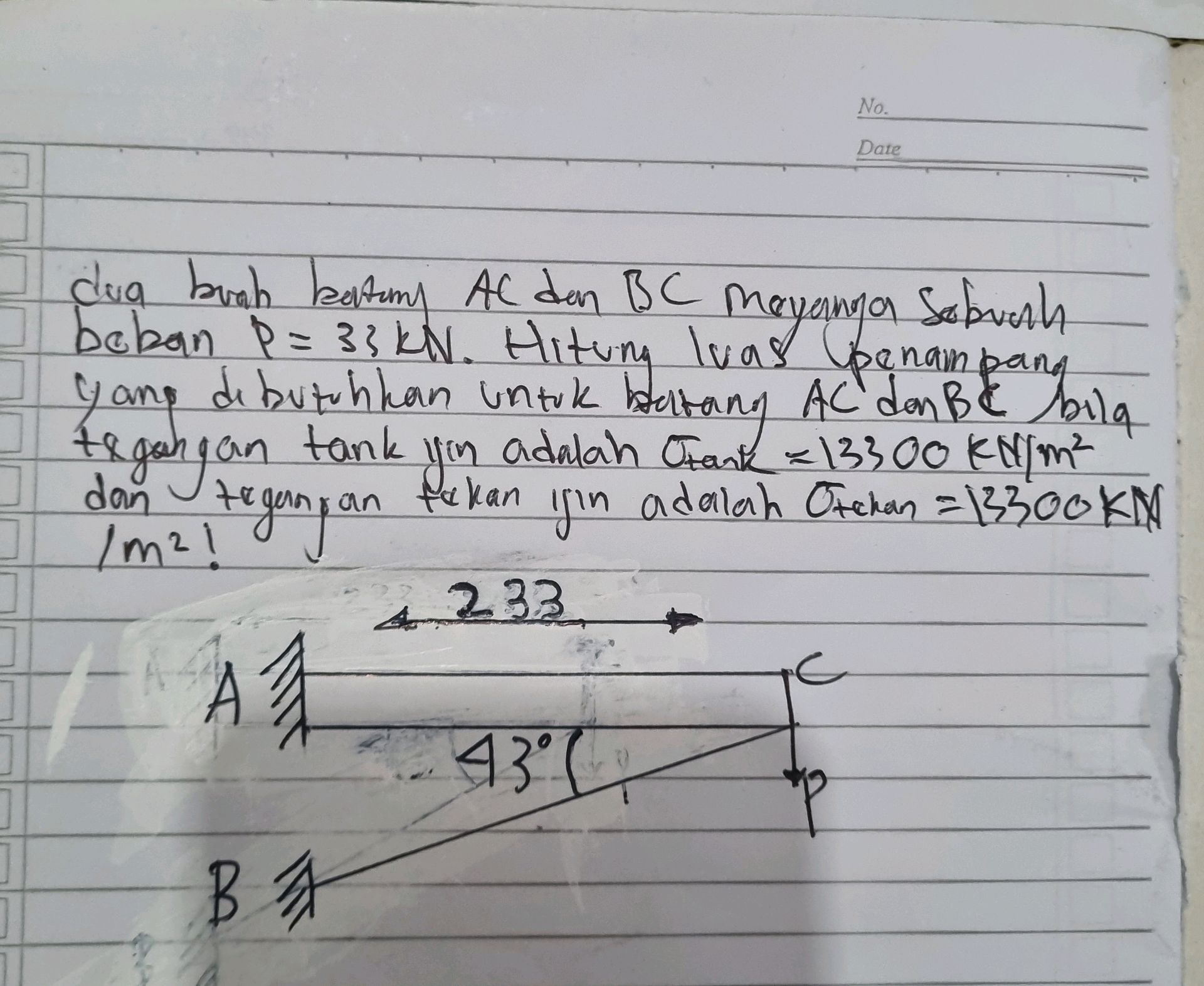 dua buah batang AC dan BC menyangga sebuah | StudyX