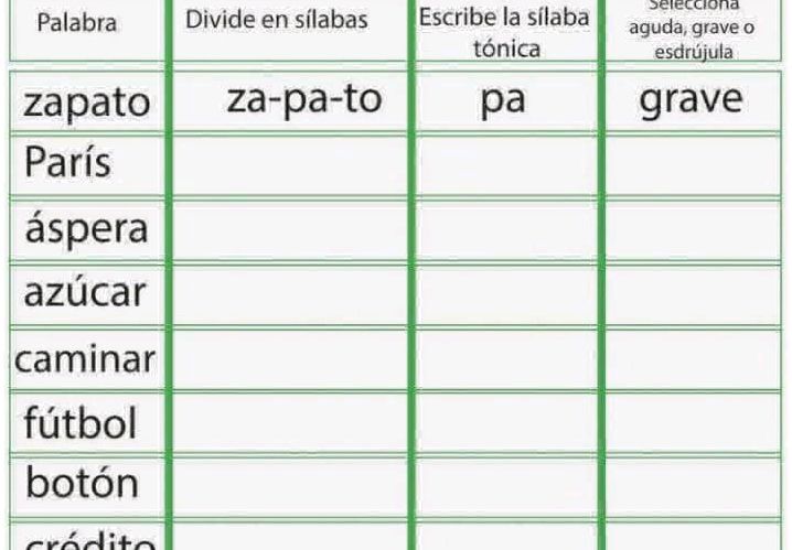 | Palabra | Divide en sílabas | Escribe la | StudyX