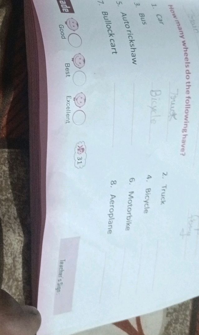 How many wheels do the following have? 1. | StudyX