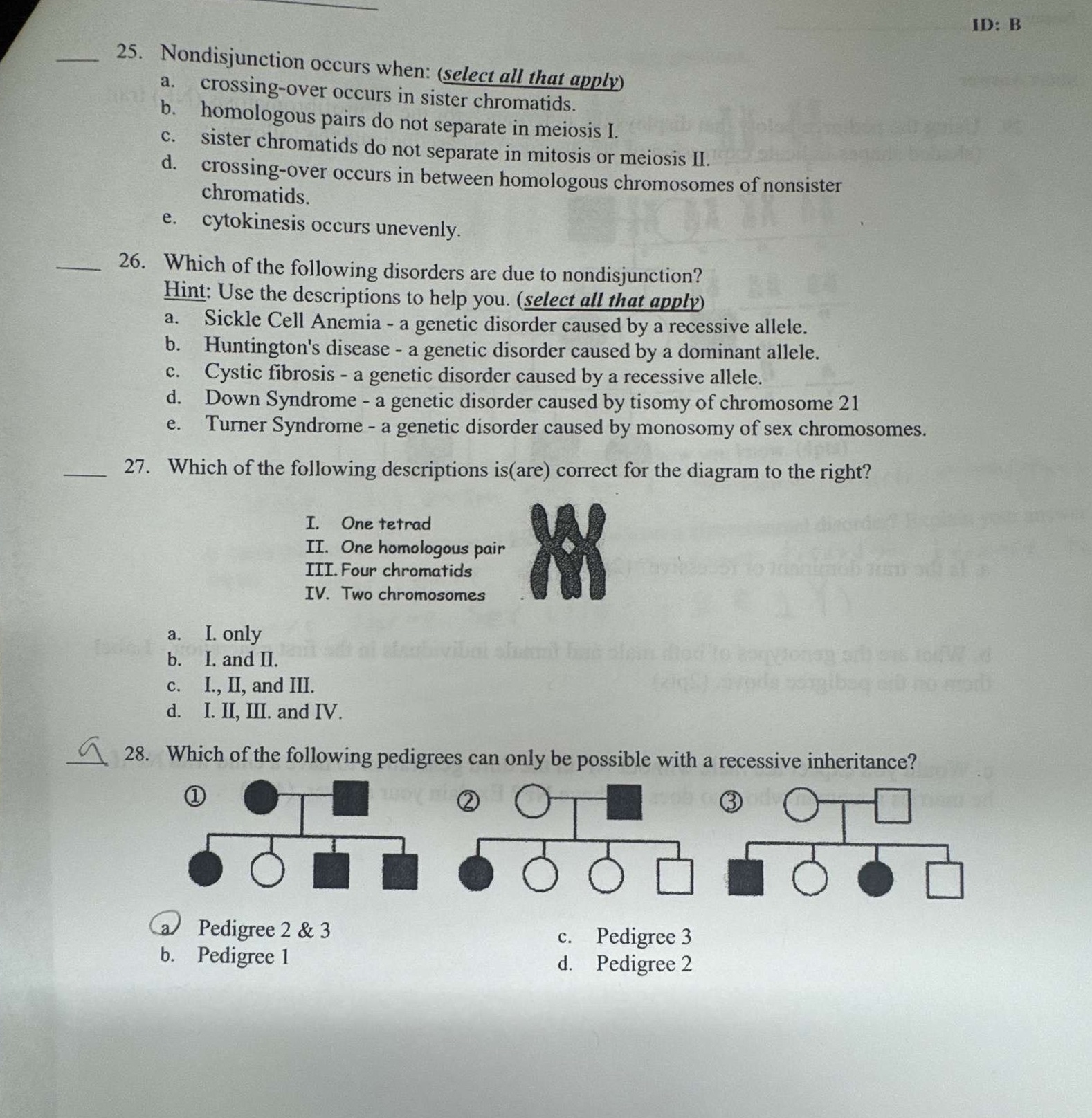 25. Nondisjunction occurs when: (select all | StudyX