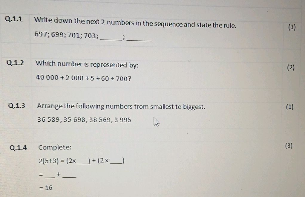 Q.1.1 Write down the next 2 numbers in the | StudyX