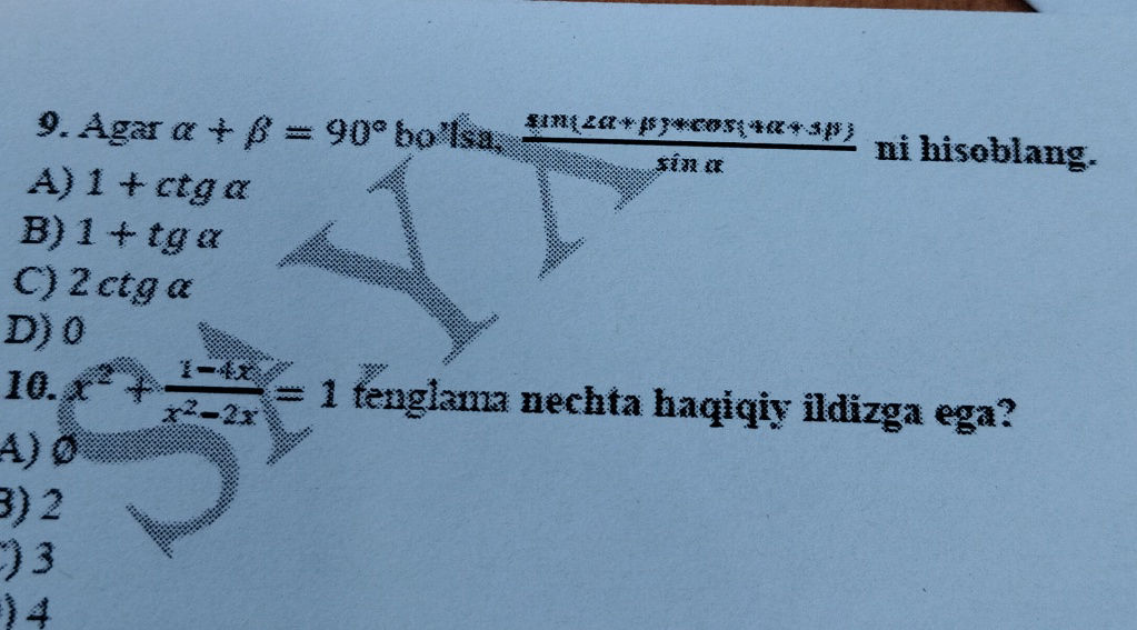 9. Agar $ + = 90^ $ bo'lsa, $ {sin(2 + | StudyX
