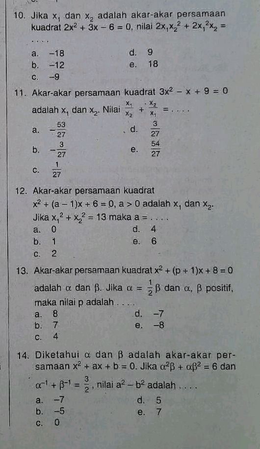 10. Jika $x_1$ dan $x_2$ adalah akar-akar | StudyX