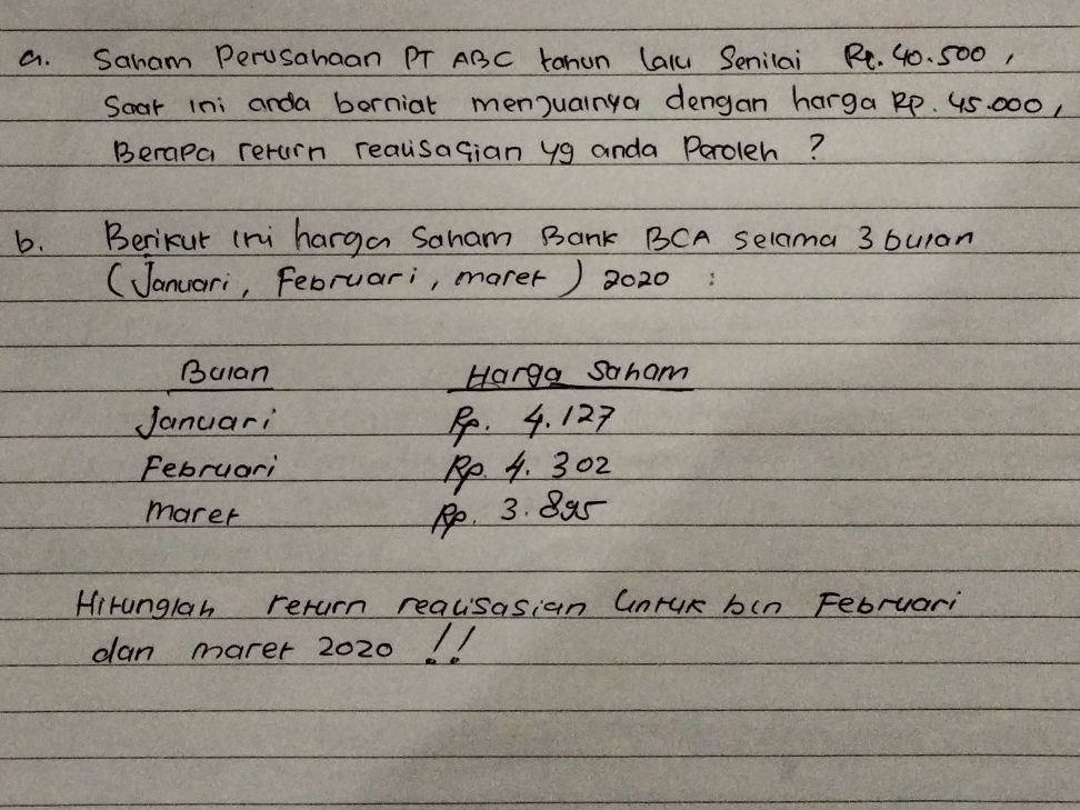 a. Saham Perusahaan PT ABC tahun lalu | StudyX