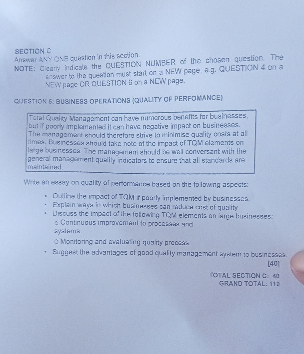 QUESTION 5: BUSINESS OPERATIONS (QUALITY OF | StudyX