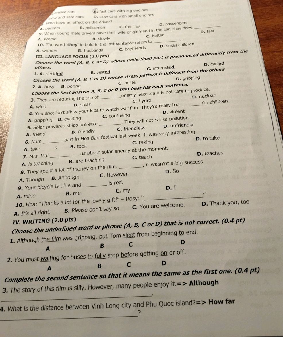 III. LANGUAGE FOCUS (2.0 pts) Choose the | StudyX