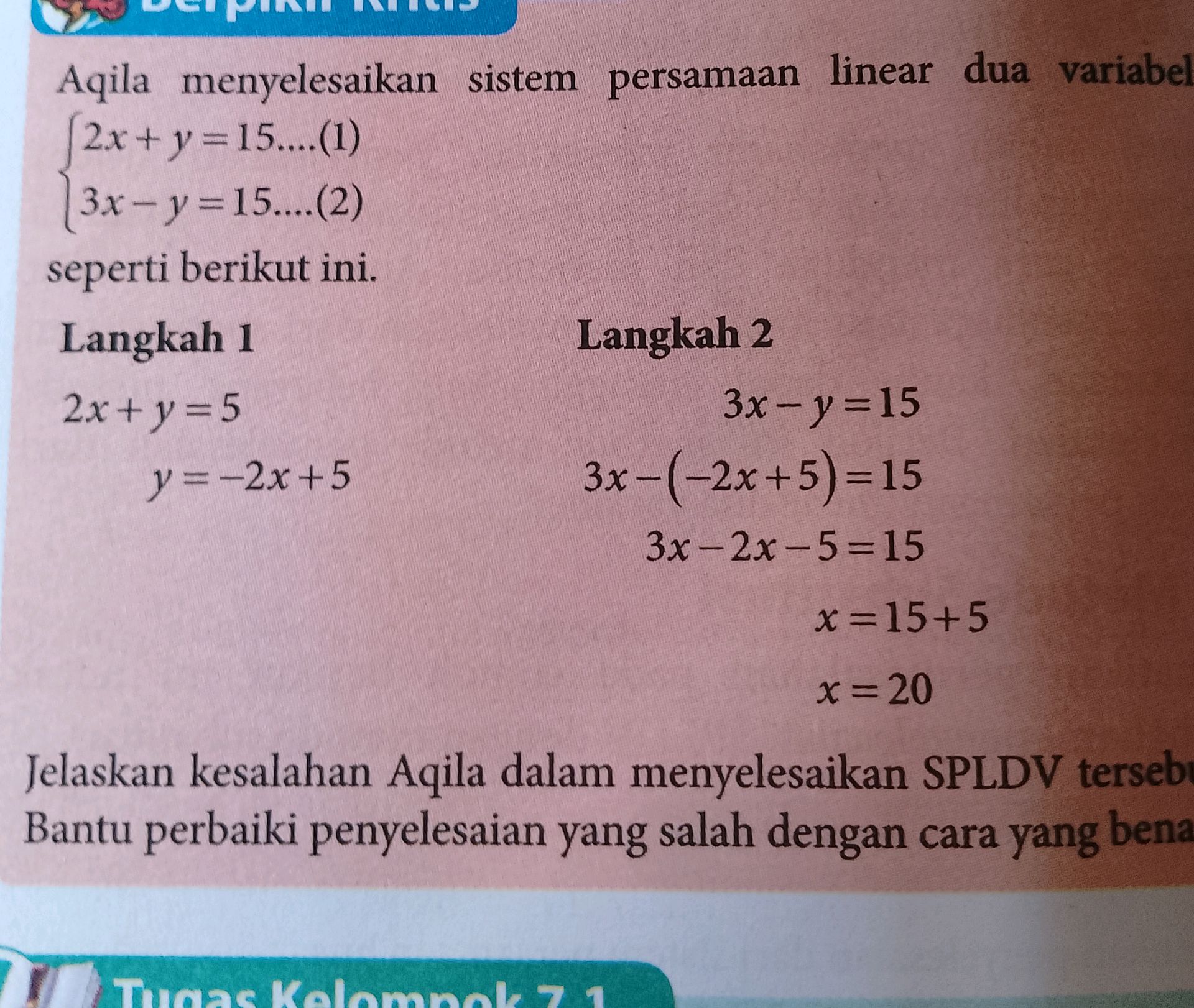 Aqila menyelesaikan sistem persamaan linear | StudyX