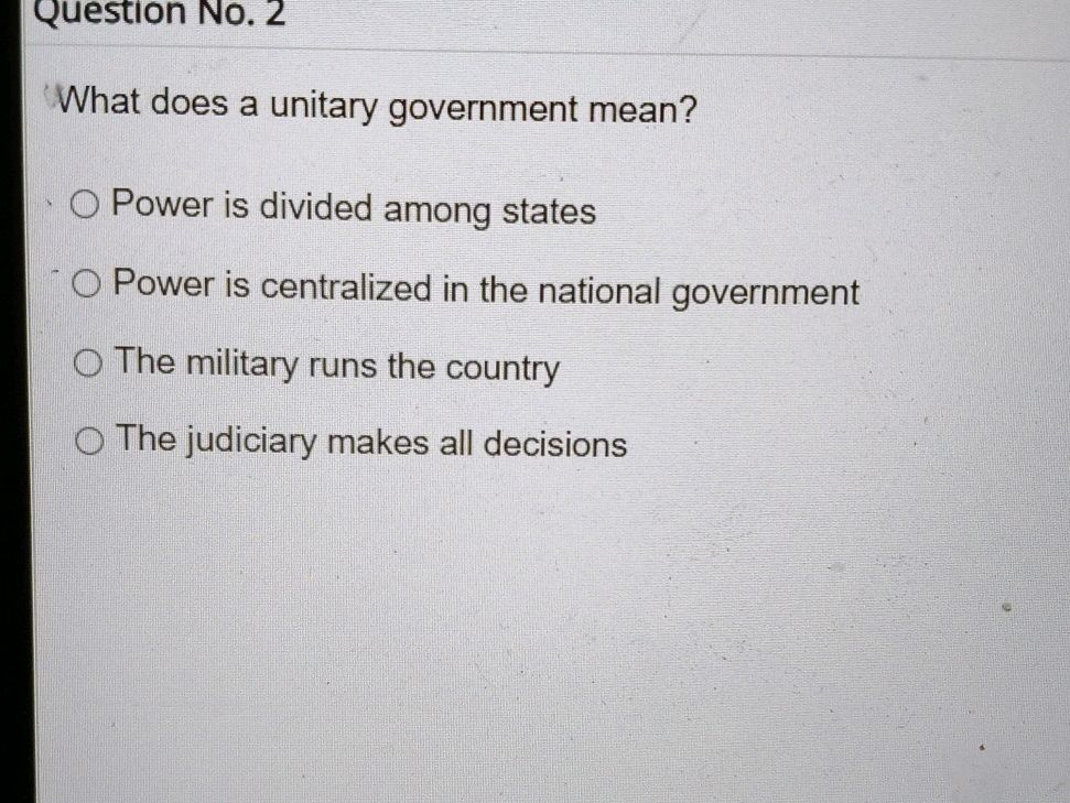 What does a unitary government mean? Power | StudyX