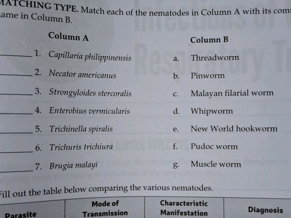 MATCHING TYPE. Match each of the nematodes | StudyX