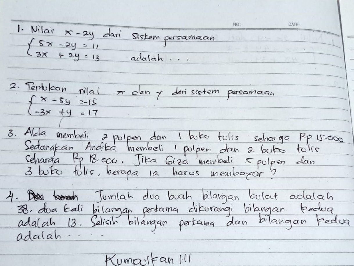 1. Nilar $x-2y$ dari sistem persamaan $$ \ | StudyX