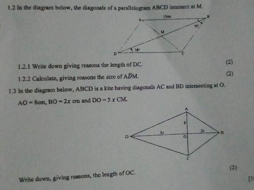 1.2 In the diagram below, the diagonals of a | StudyX