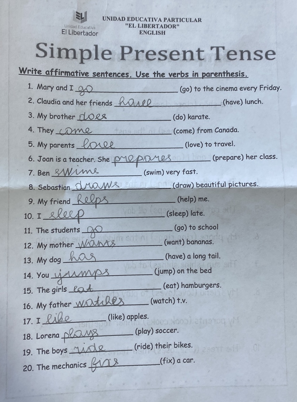 Write affirmative sentences. Use the verbs | StudyX